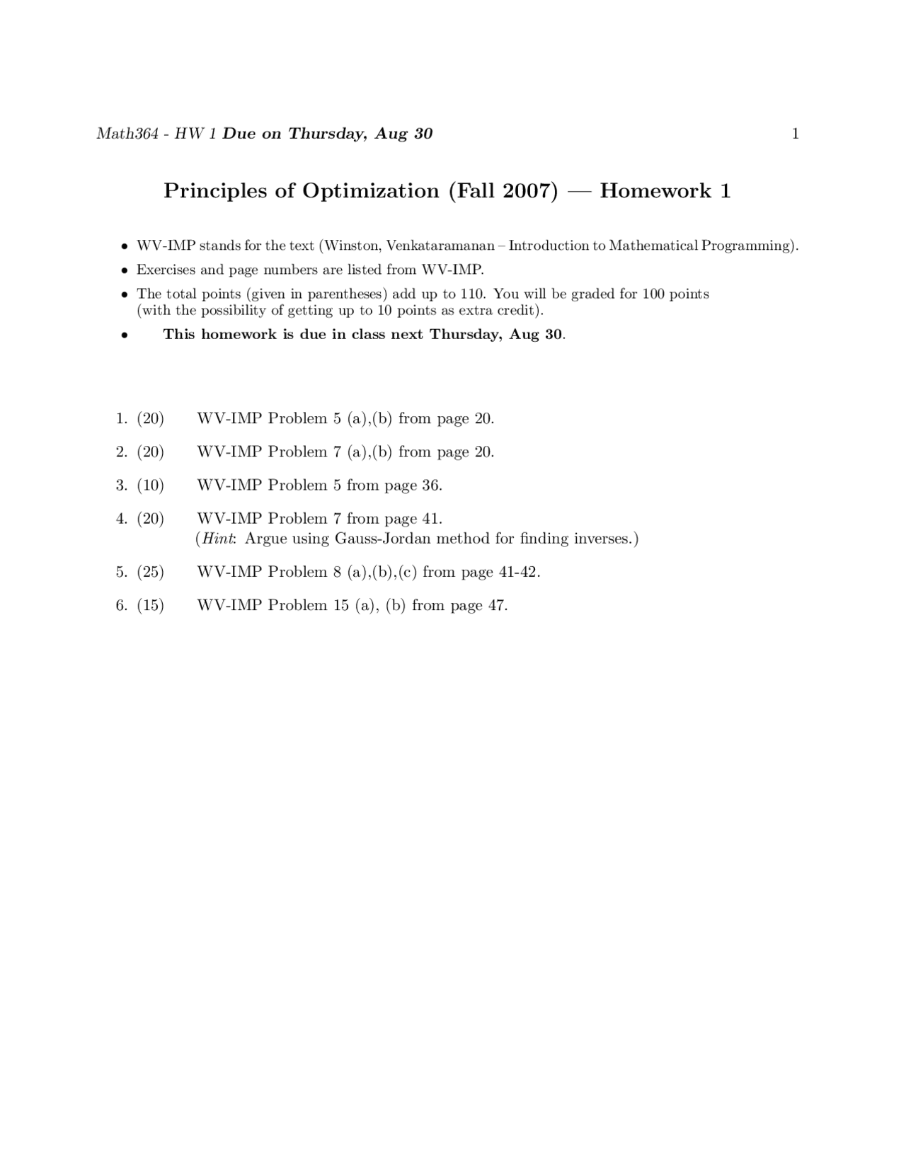 Math364 Homework 1 Principles Of Optimization Fall 2007