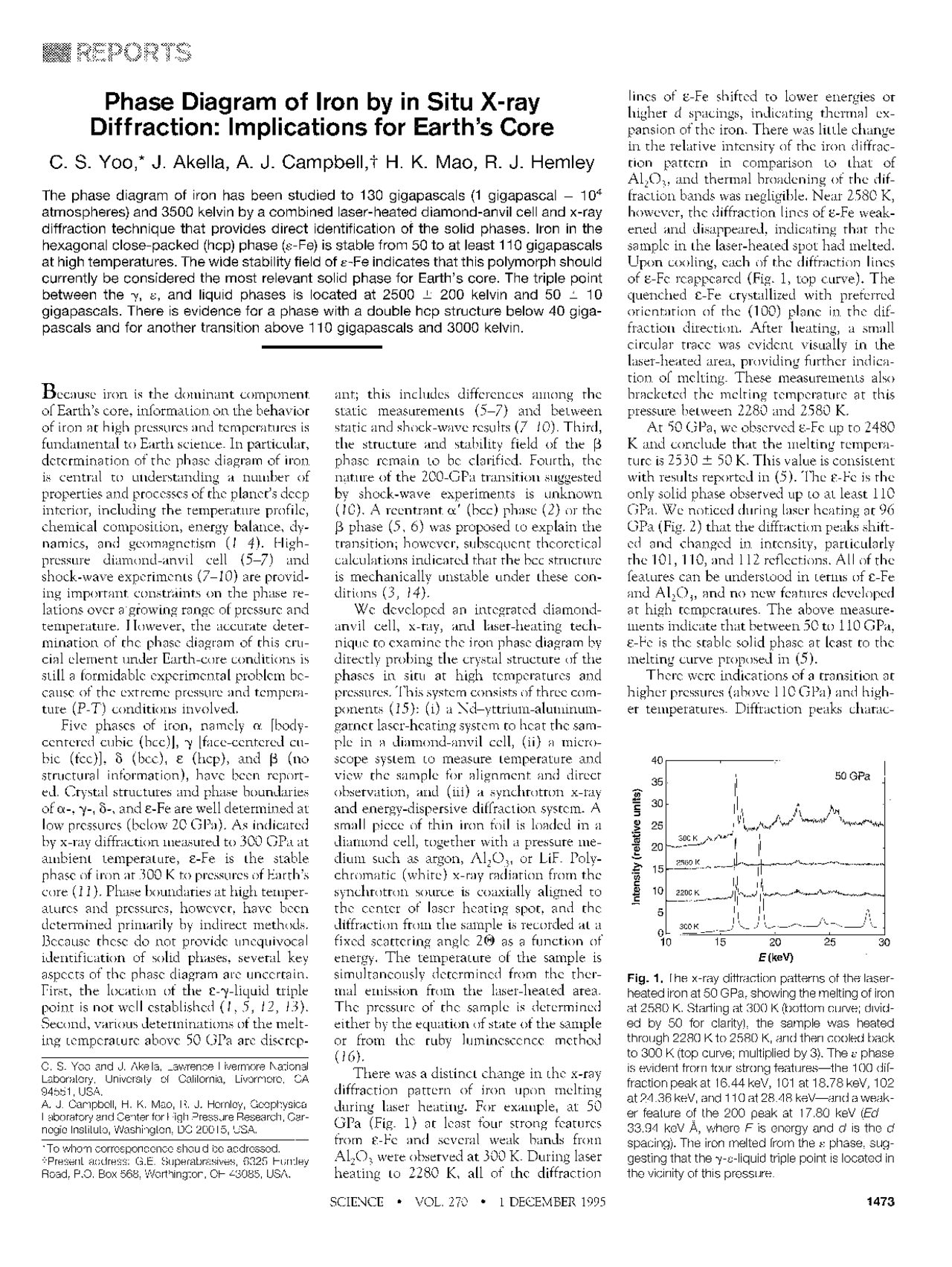 Phase Diagram of Iron by in Situ X Ray Diffraction: Implications for ...