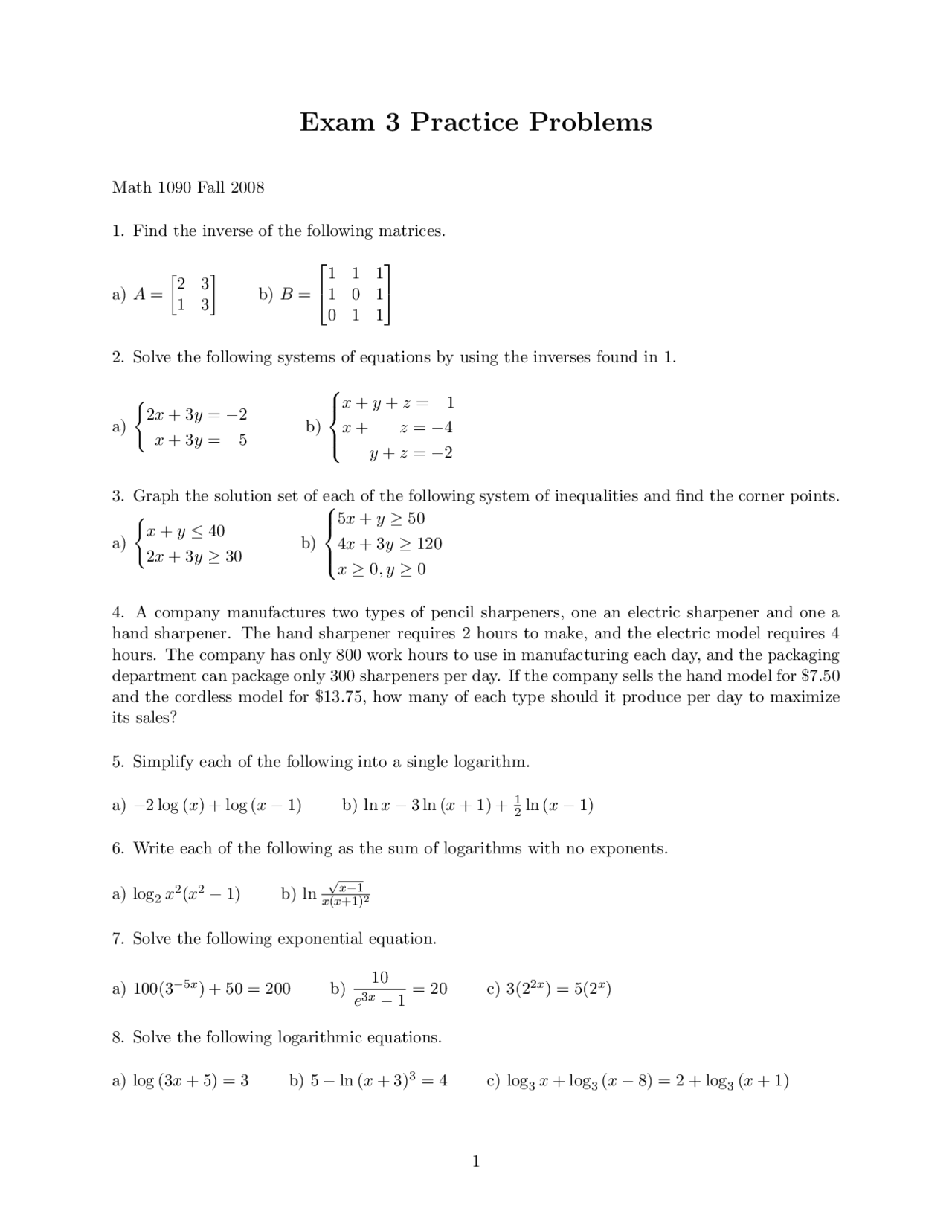 Exam #3 Practice Problems - College Algebra | MATH 1090 - Docsity