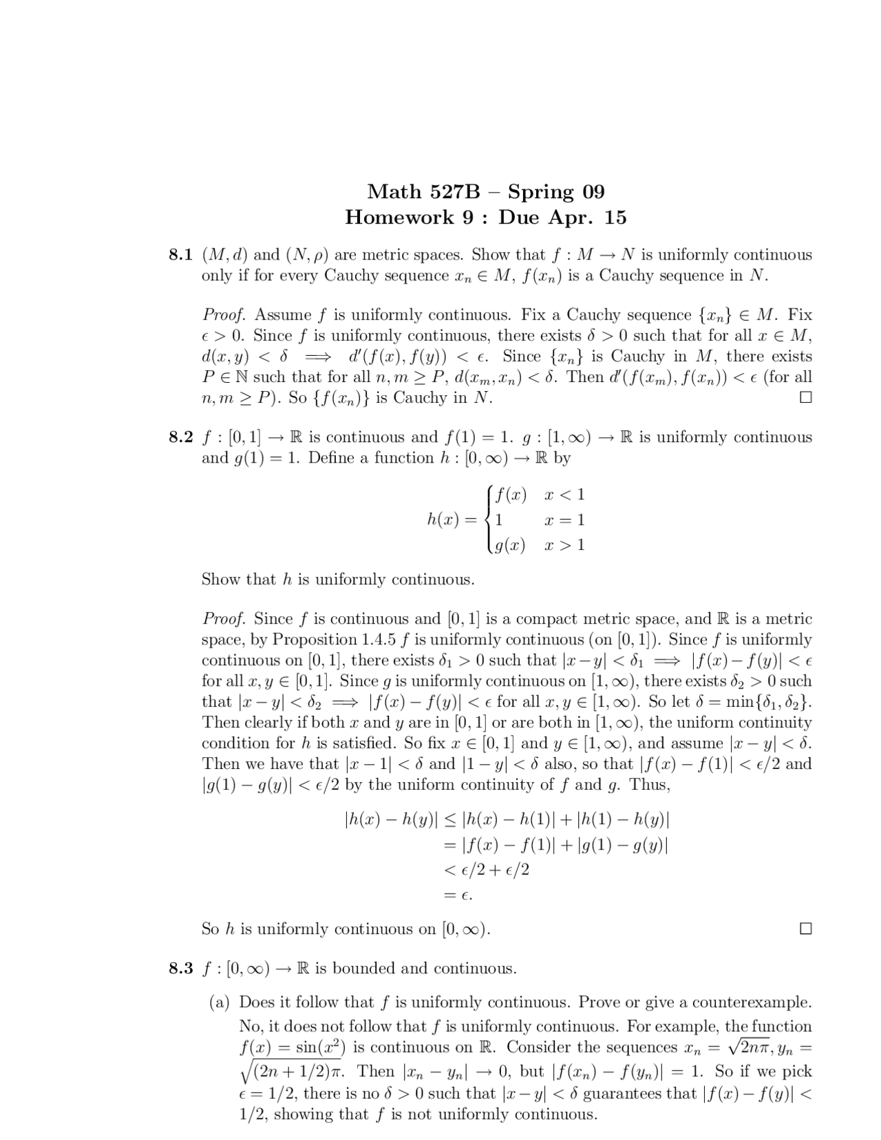 Principles of Analysis - Homework 9 Solutions | MATH 527A - Docsity