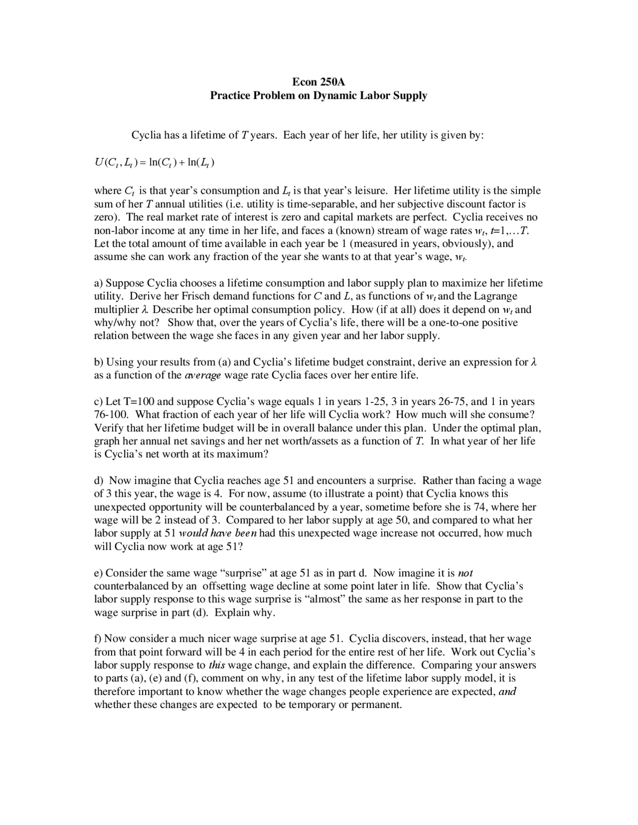 Practice Problem On Dynamic Labor Supply Exam Ece 250 Docsity