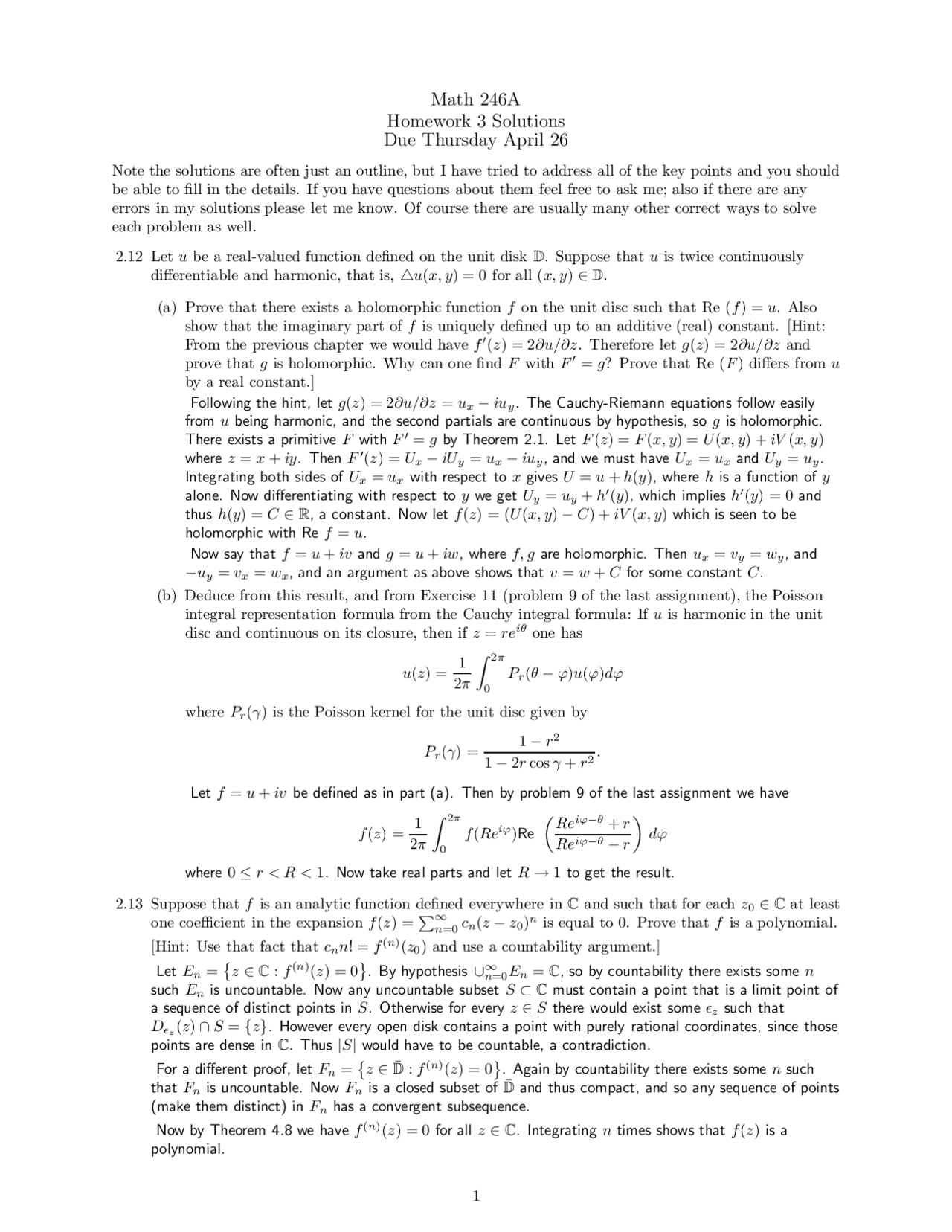 Solutions For Homework 3 Complex Analysis Math 246a Docsity