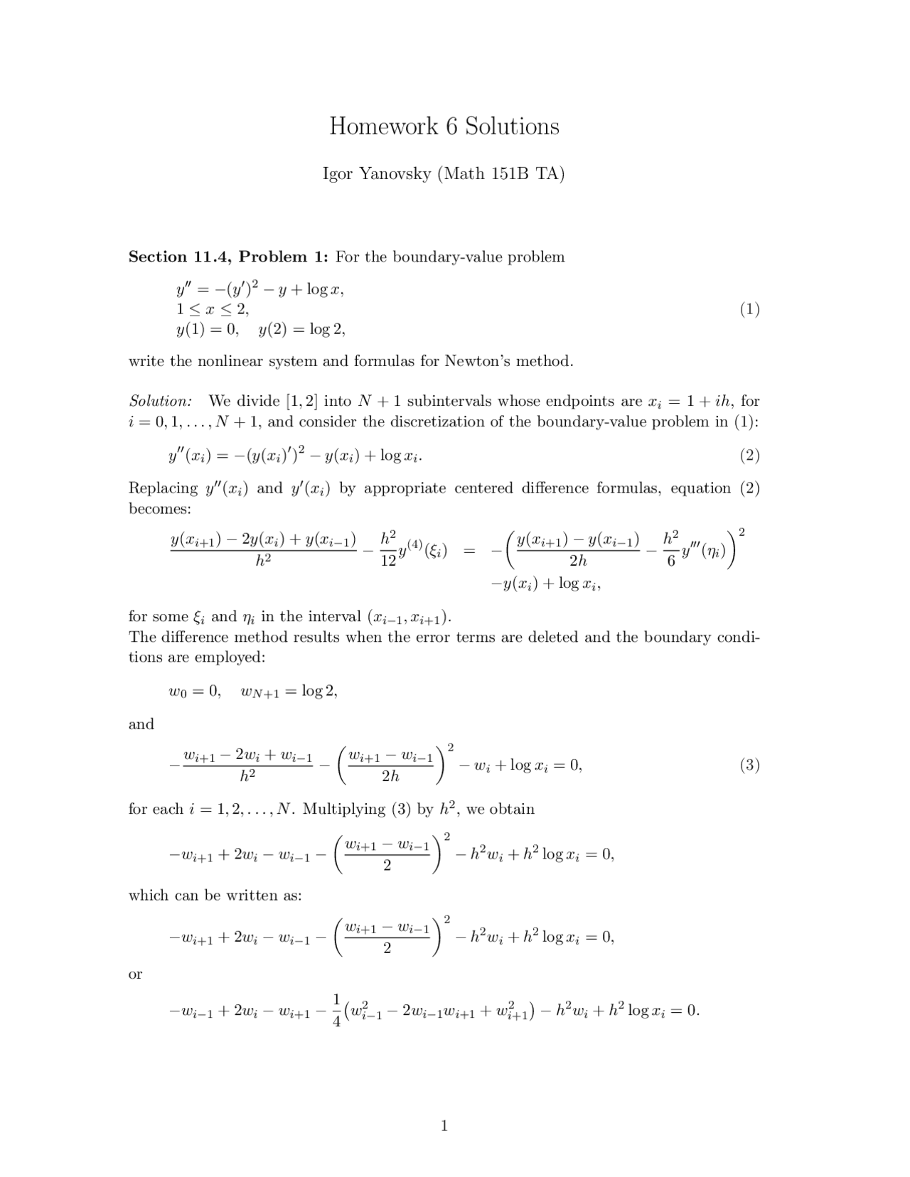 Applied Numerical Methods Assignment 6 Solutions Math 151a Docsity