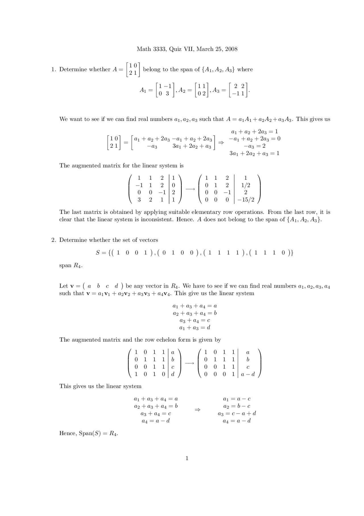 Solutions For Quiz 7 Linear Algebra I Math 3333 Docsity