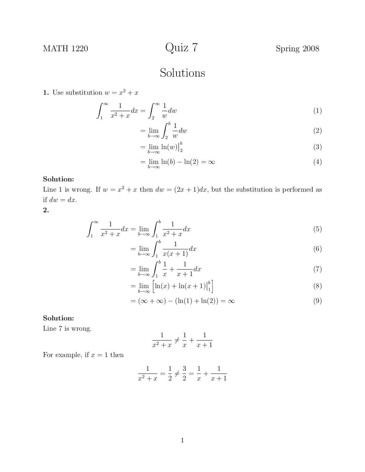 Practice Quiz #7 with Solutions - Calculus II | MATH 1220 - Docsity