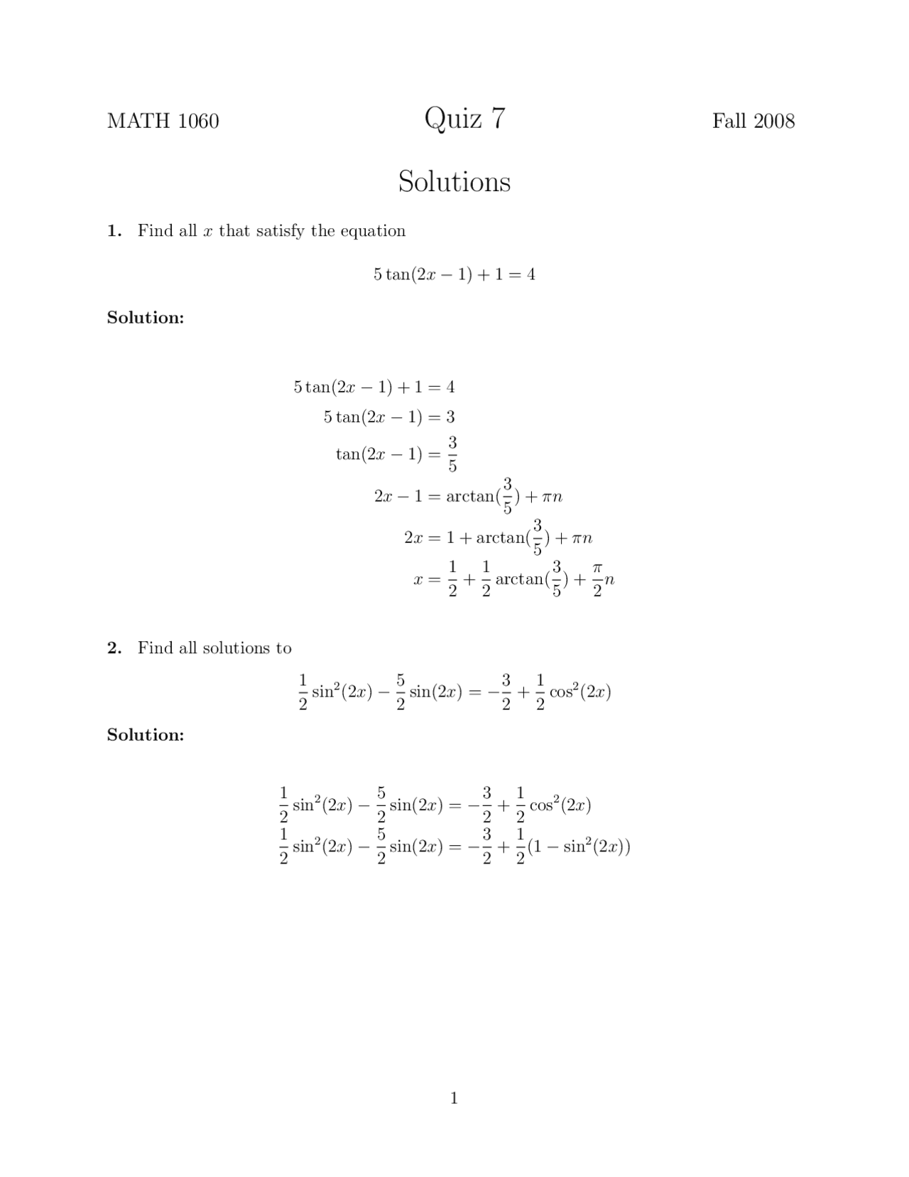 Quiz 7 With Solutions Trigonometry Fall 2008 Math 1060 Docsity