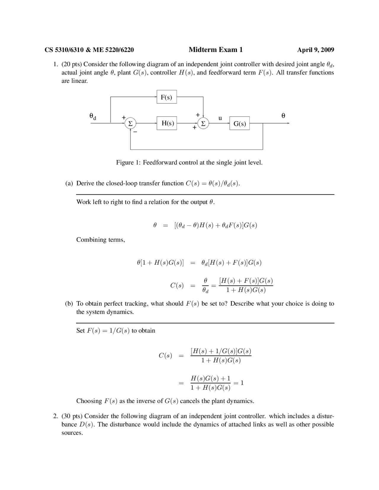 4 Problems With Solution On Robotics Midterm Exam Cs 5310 Docsity