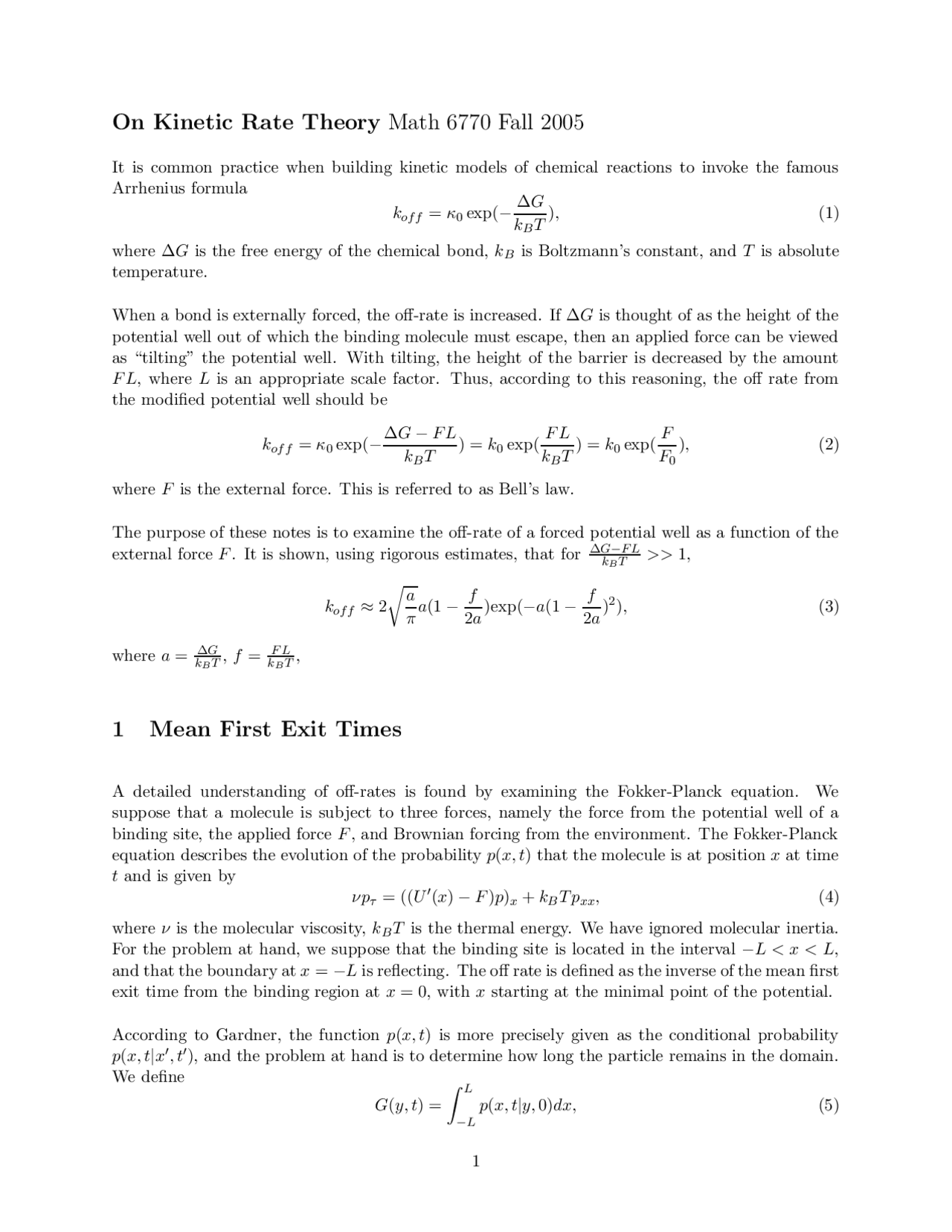 On Kinetic Rate Theory - Mathematical Biology I | MATH 6770 - Docsity