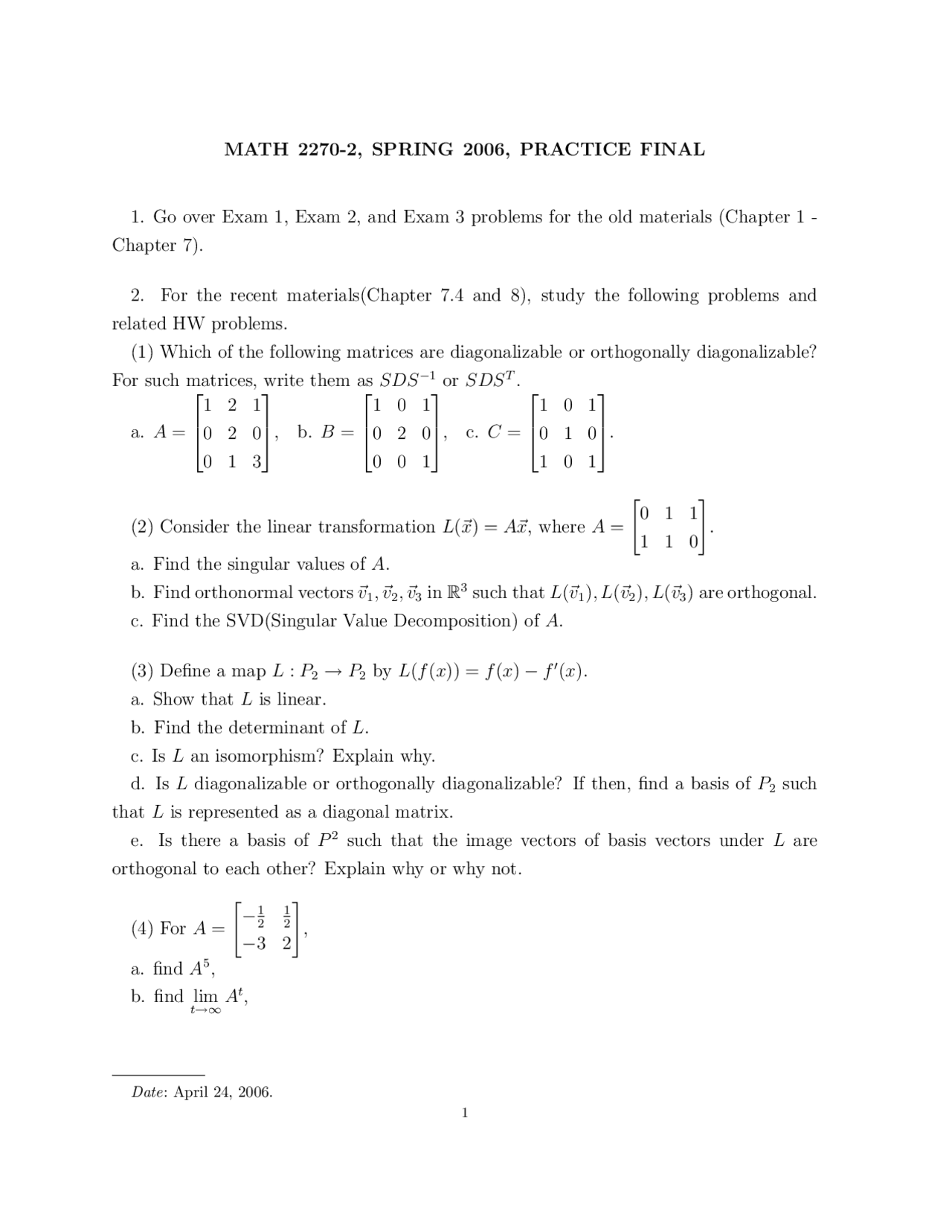 11 Practice Problems Final Exam Linear Algebra Math 2270 Docsity