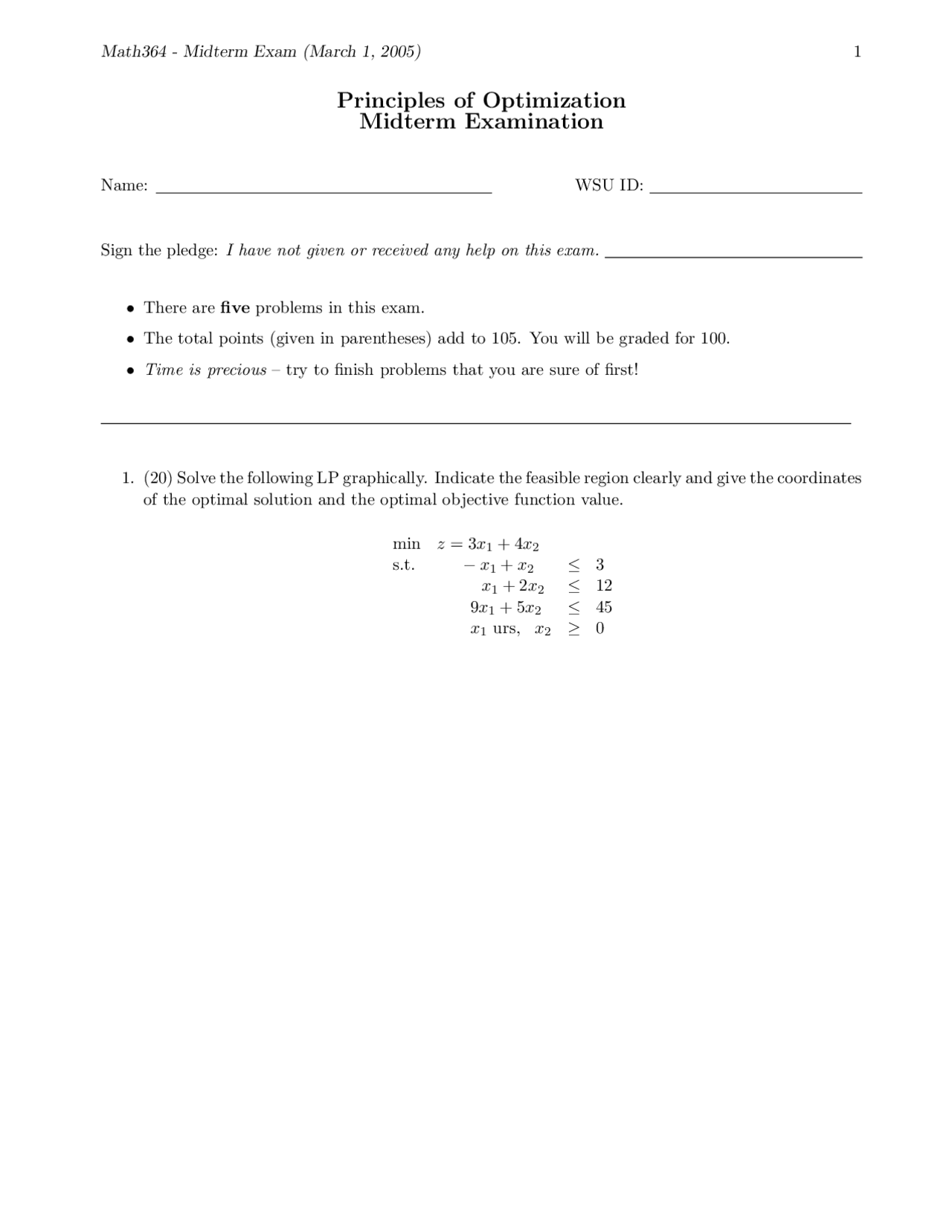 Solution For Midterm Exam Principles Of Optimization Math 364 Docsity