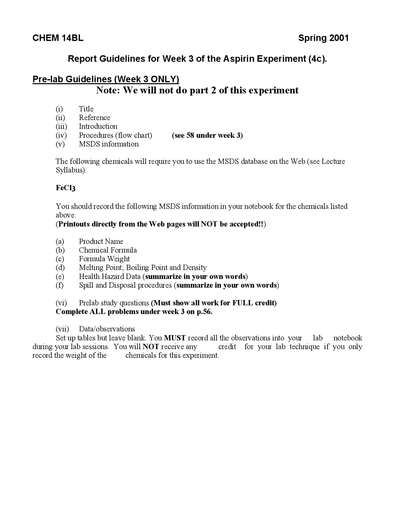 Report Guidelines For Week 3 Of The Aspirin Experiment 4c Chem 14bl