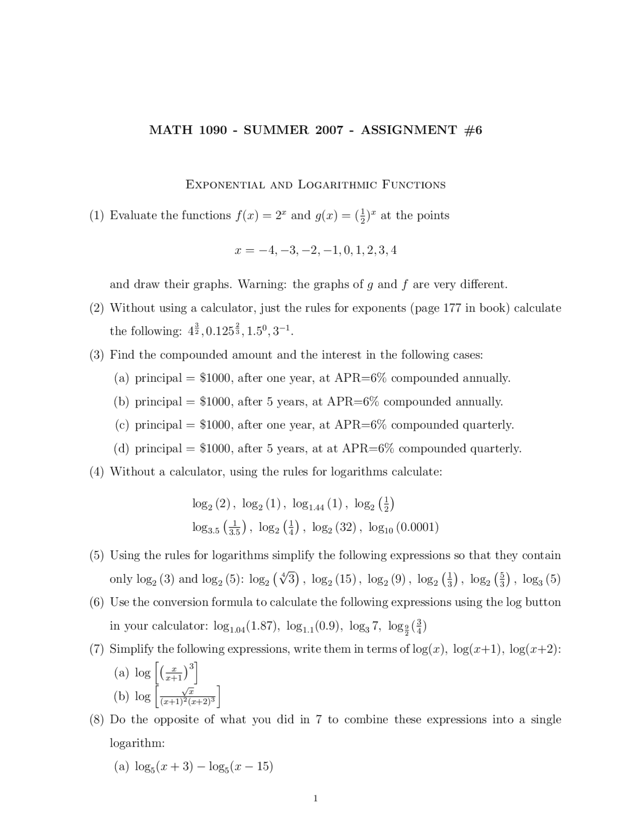 Exponential And Logarithmic Functions Assignment 6 Math 1090 Docsity