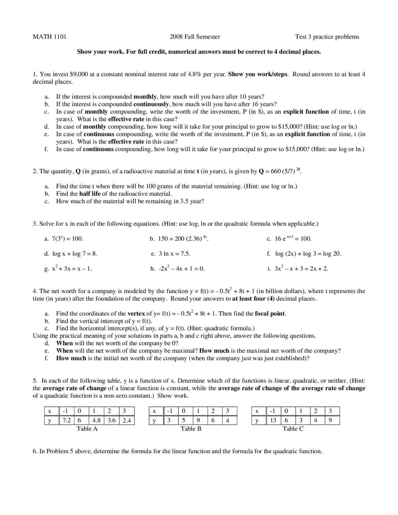 Test 3 Practice Problems for Introduction to Mathematical Modeling ...
