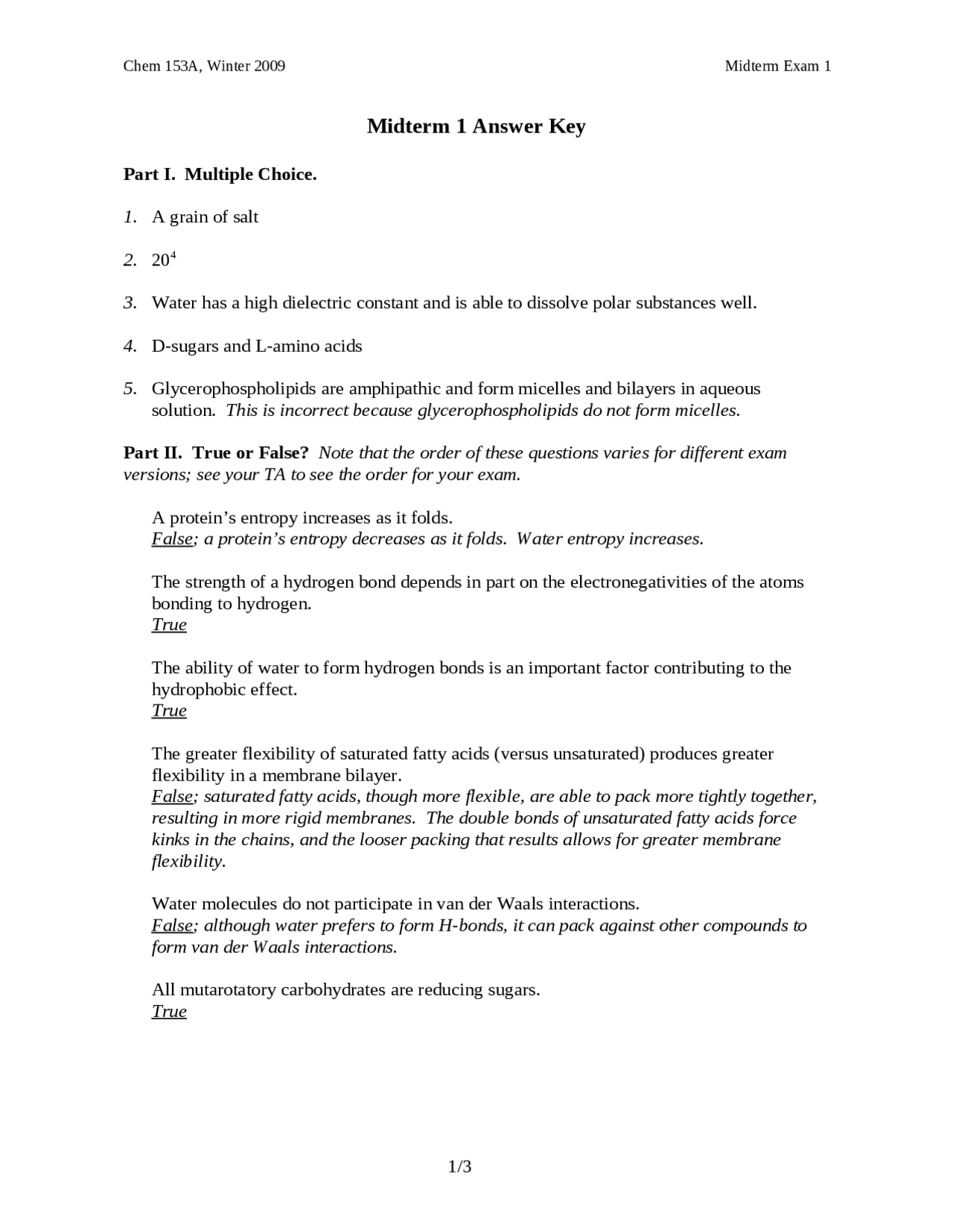 Midterm 1 With Answer Key Introduction To Biochemistry Chem 153a