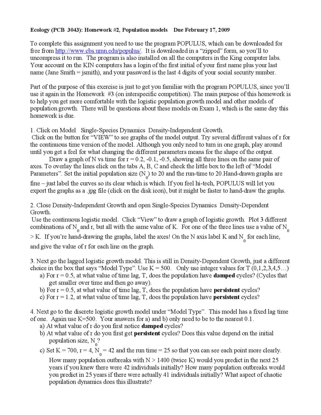 Population Models General Ecology Assignment 2 Pcb 3043 Docsity