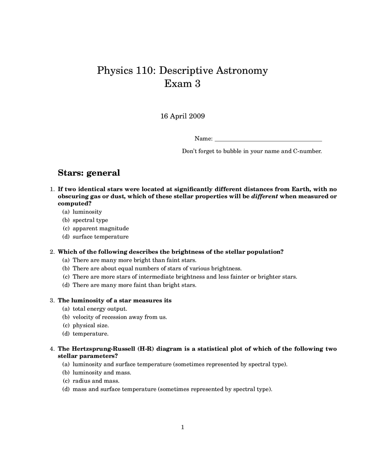 50 Multiple Choice Question Of Descriptive Astronomy Exam 3 Phy 110
