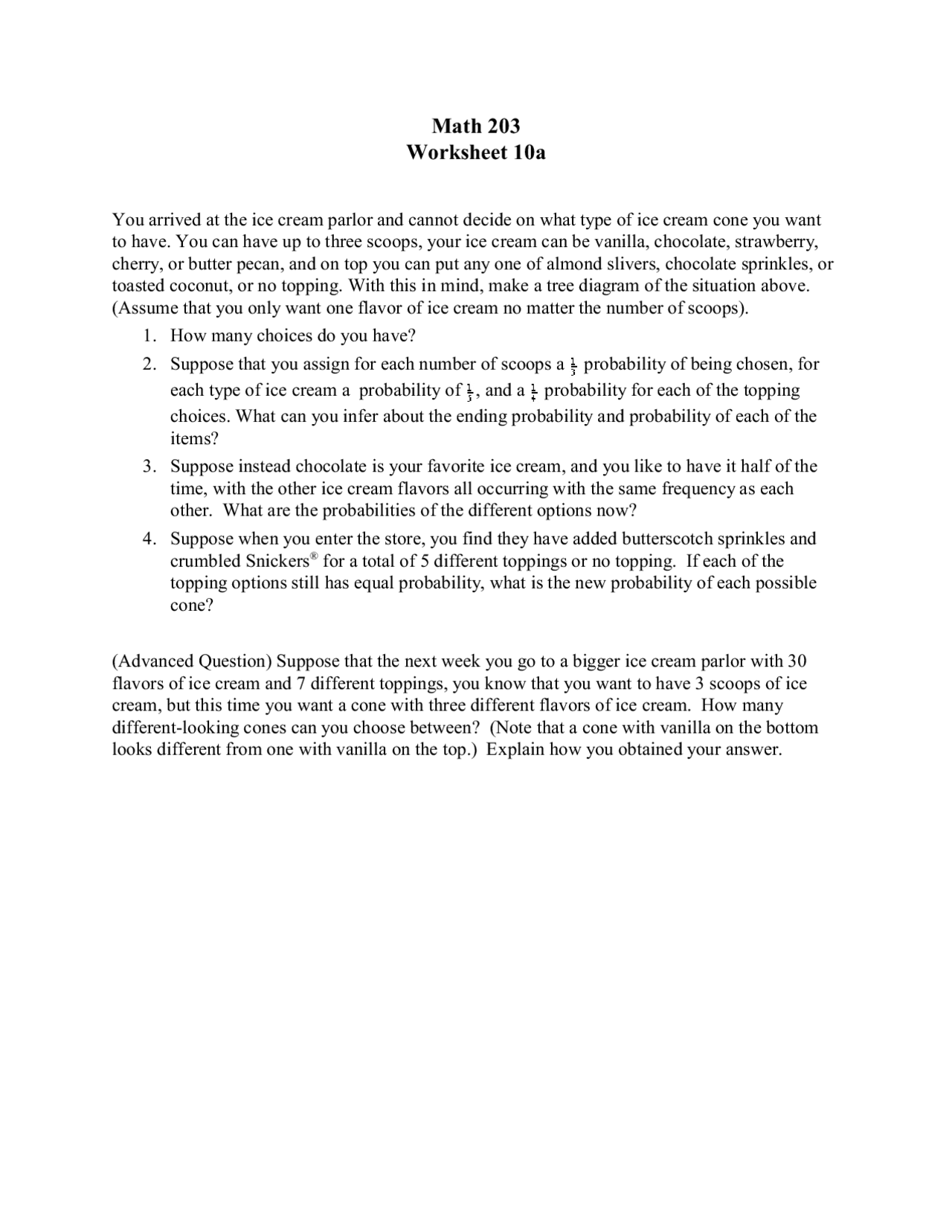 Worksheet 10 for Contemporary Mathematics | MATH 203 - Docsity