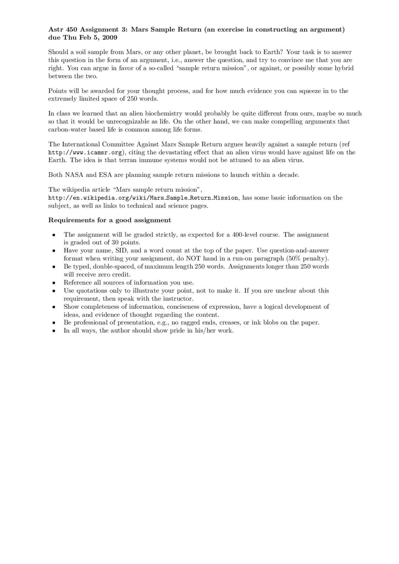 Mars Sample Return Assignment 3 Astr 450 Docsity
