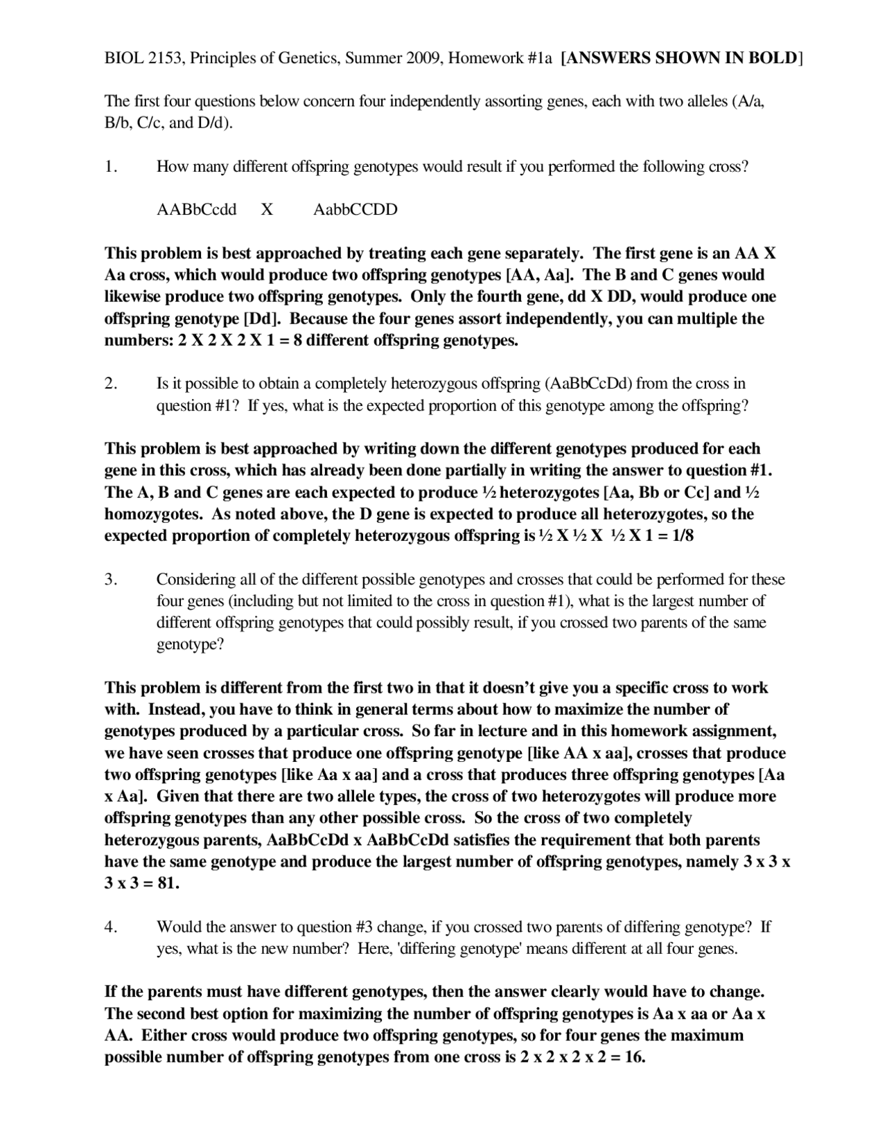 Homework 1 Solutions For Principles Of Genetics Biol 2153 Docsity