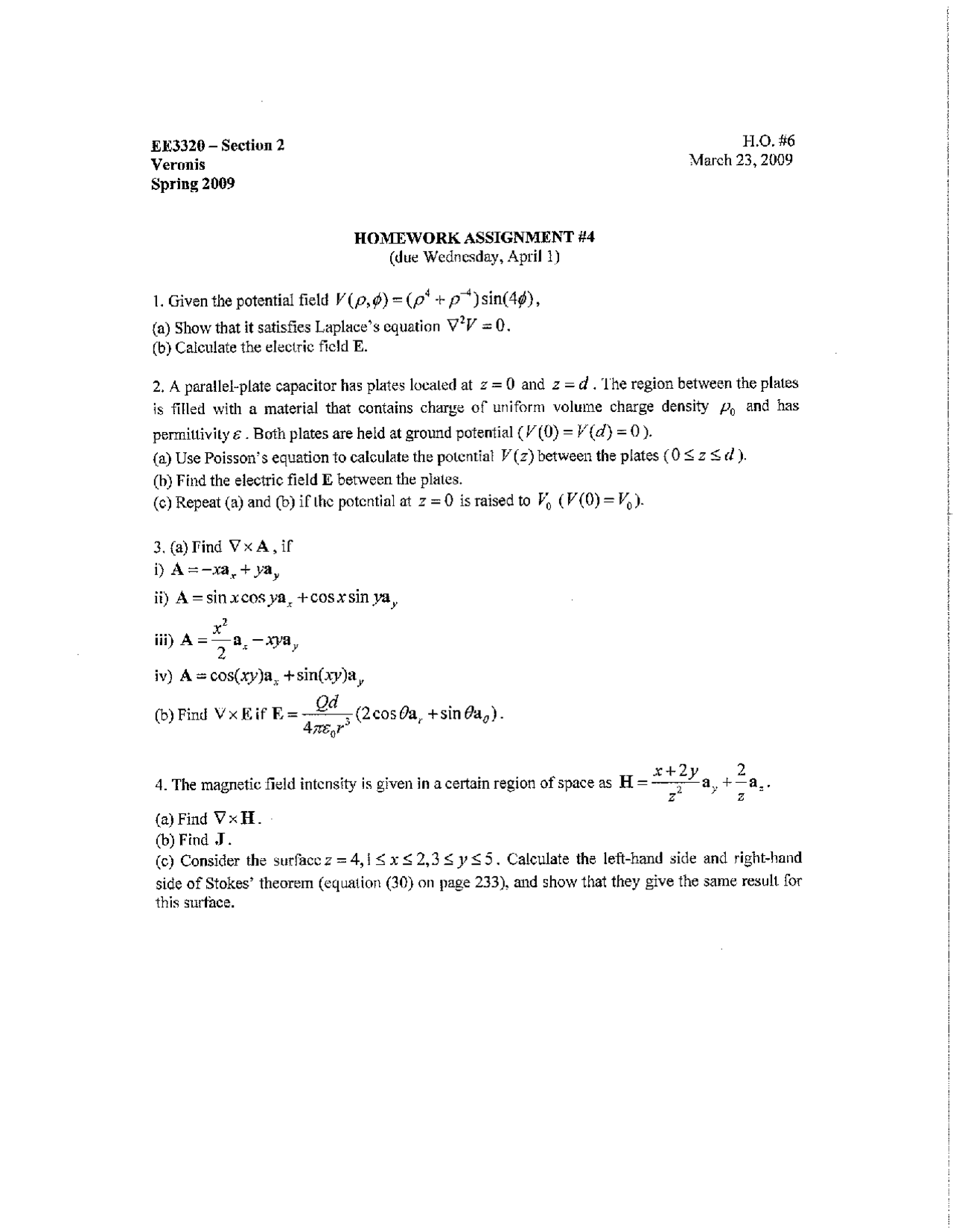 Electric And Magnetic Fields Homework 4 Ee 3320 Docsity