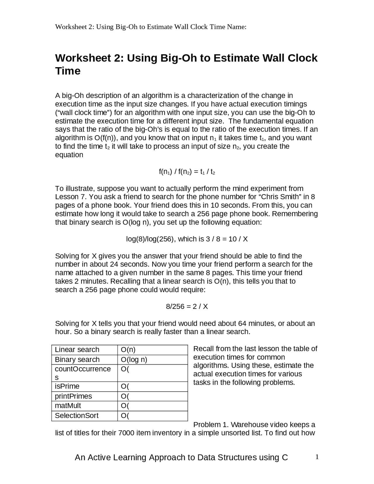 Worksheet 2 for Using Big-Oh to Estimate Wall Clock Time | CS 261 - Docsity