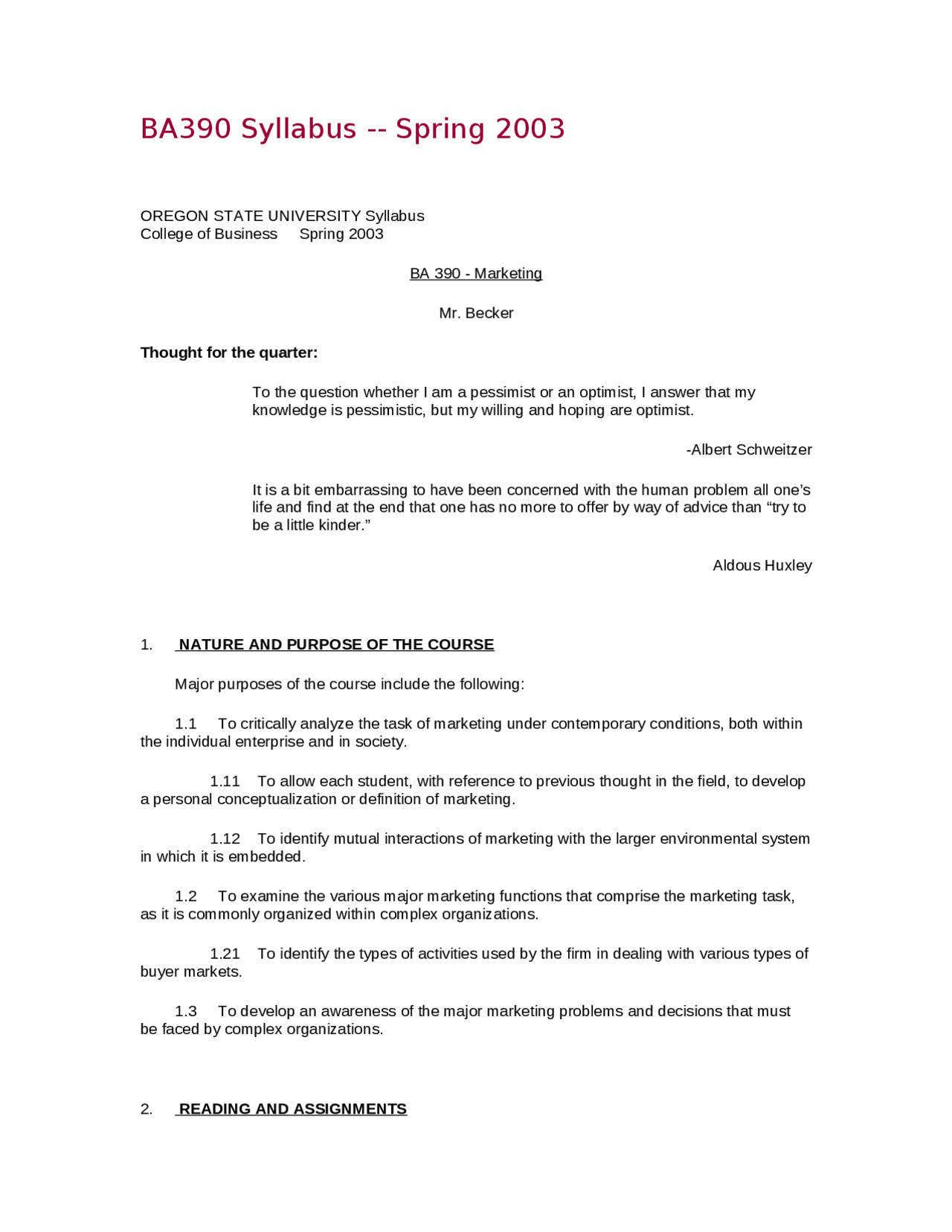 BA390 Marketing Course Syllabus - Spring 2003, Oregon State University ...