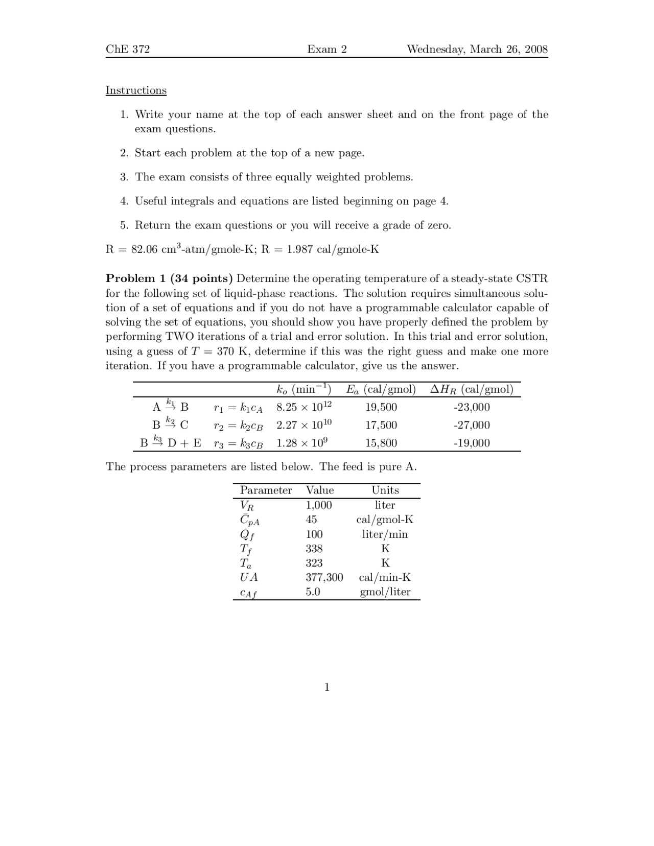 Solved 3 Problems Exam 2 Chemistry Reactor Analysis And Design