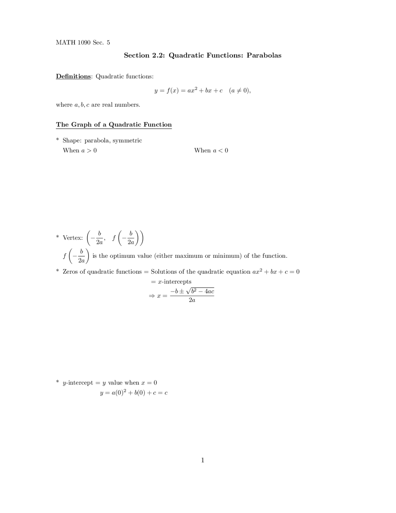 Quadratic Functions Parabolas Lecture Notes Math 1090 Docsity