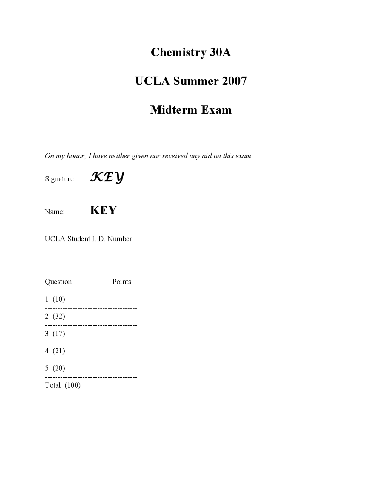 Midterm Exam Solved Organic Chemistry I Summer 2007 Chem 30a