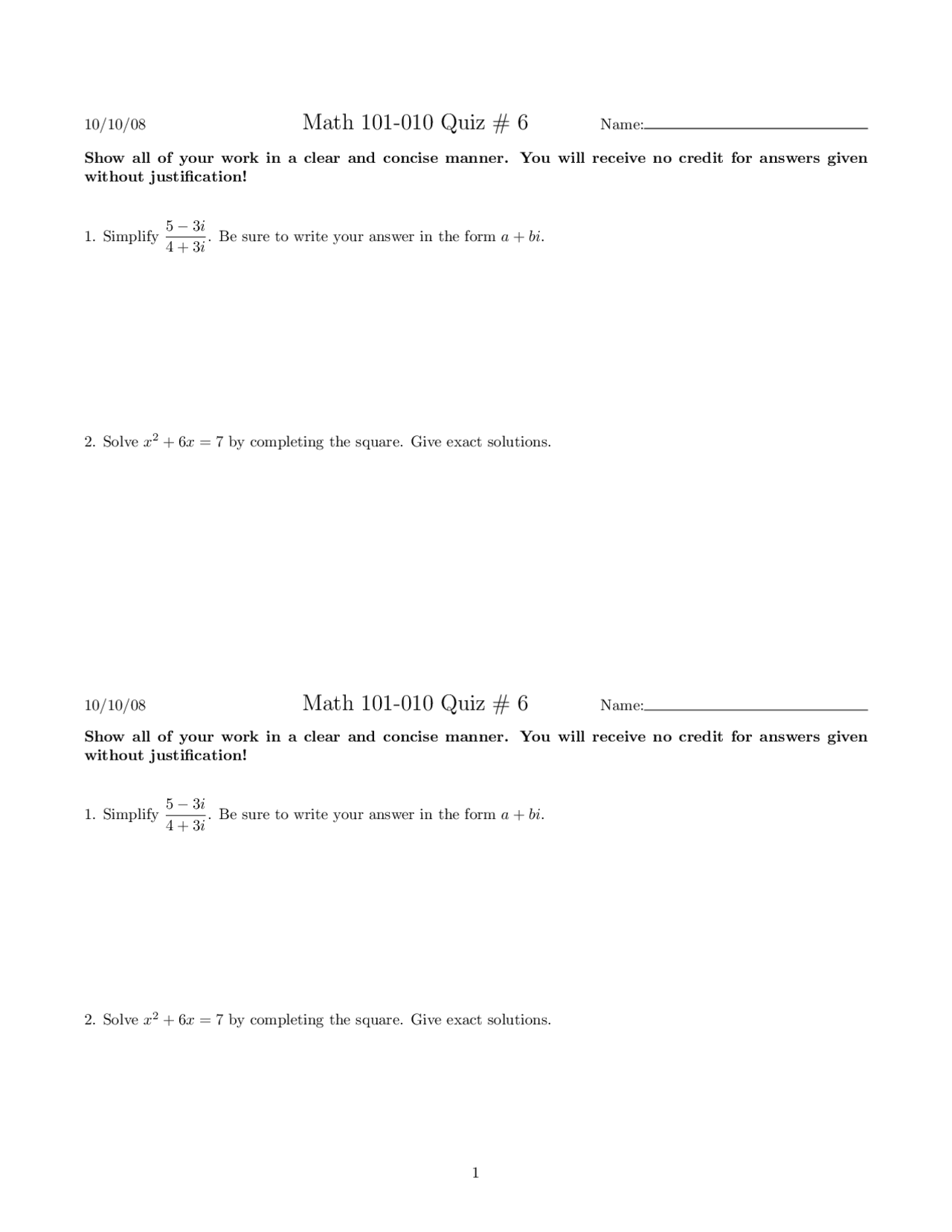 Unsolved Quiz With 3 Questions College Algebra Math 101 Docsity