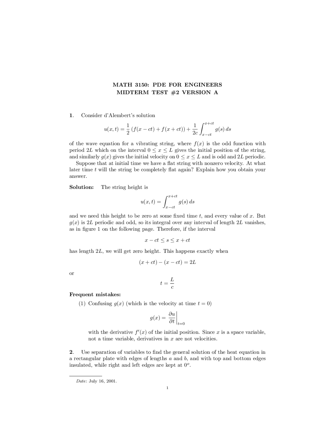 Midterm Test 2a Solutions Partial Differential Equation For Engineer
