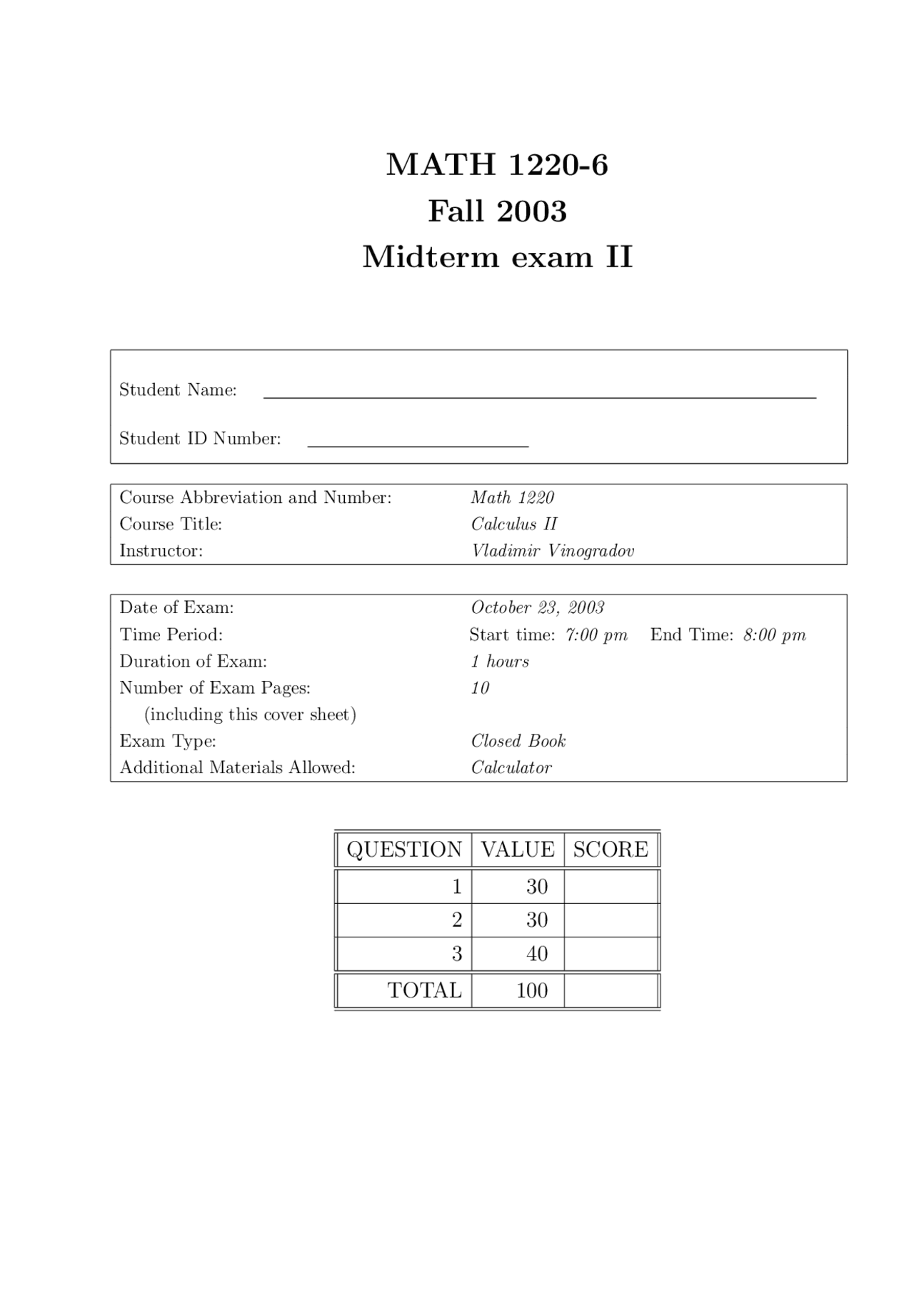 Calculus Ii Midterm Exam Questions 2003 Math 1220 Docsity