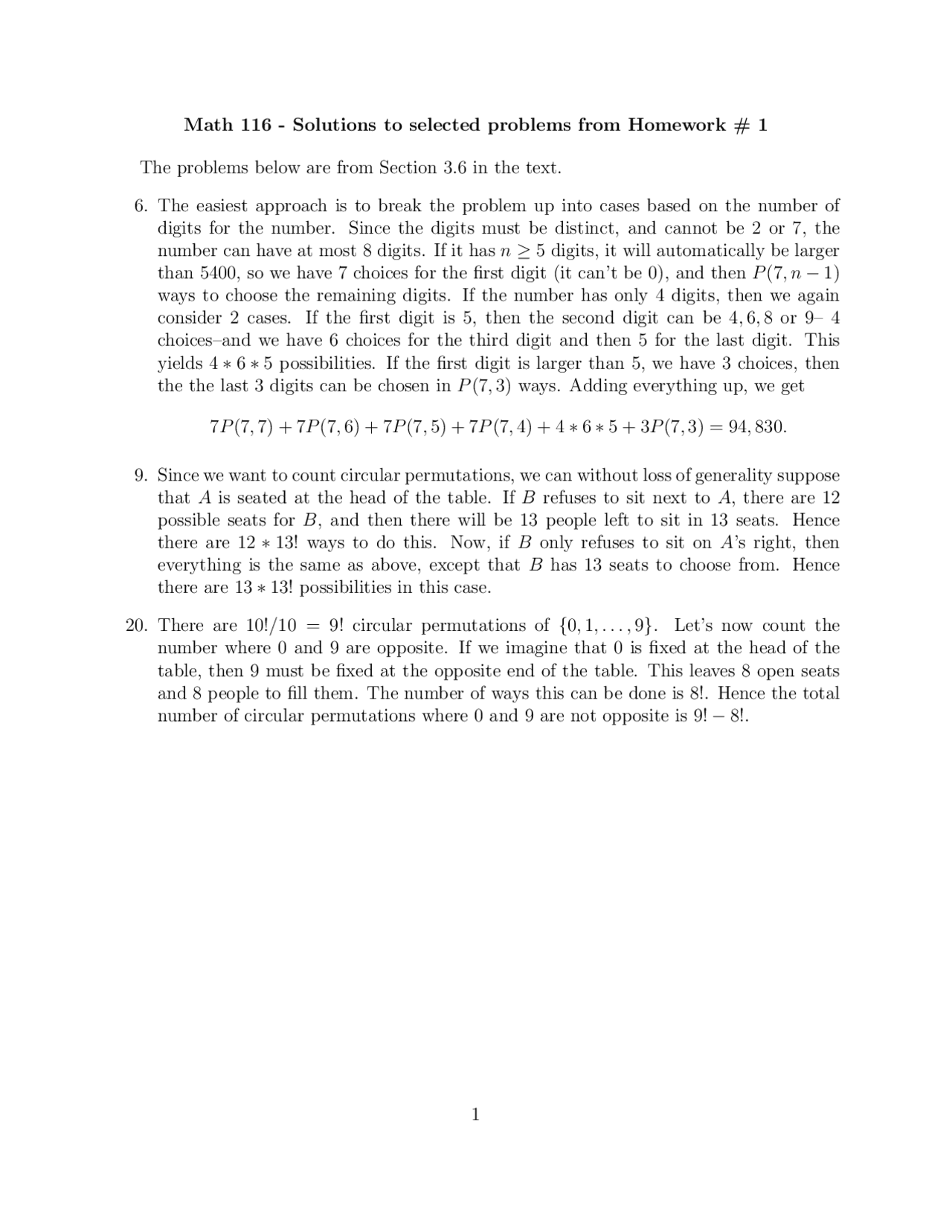 Partial Solutions For Homework 1 Comb Analysis Math 116 Docsity