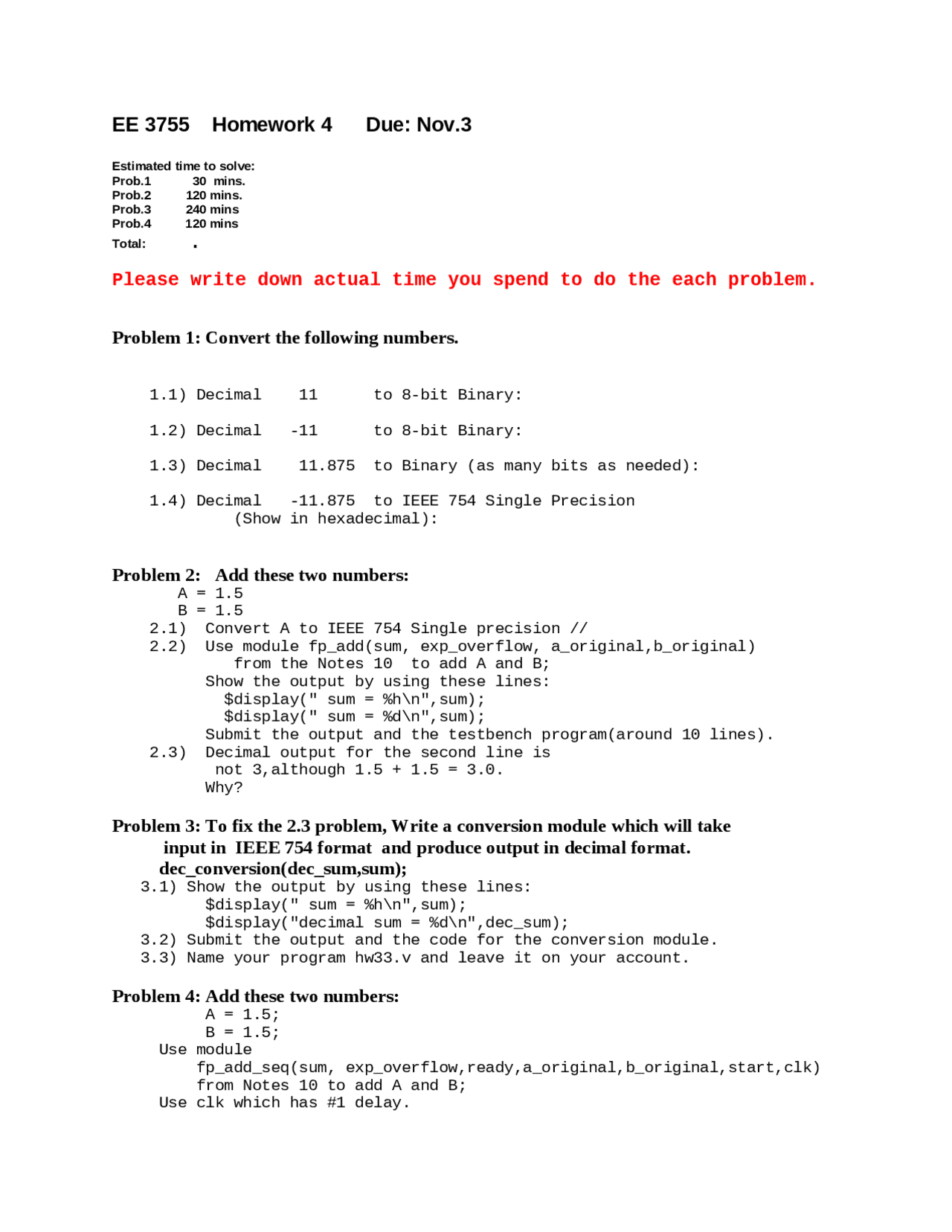 Computer Organization Homework 4 With Answers Ee 3755 Docsity