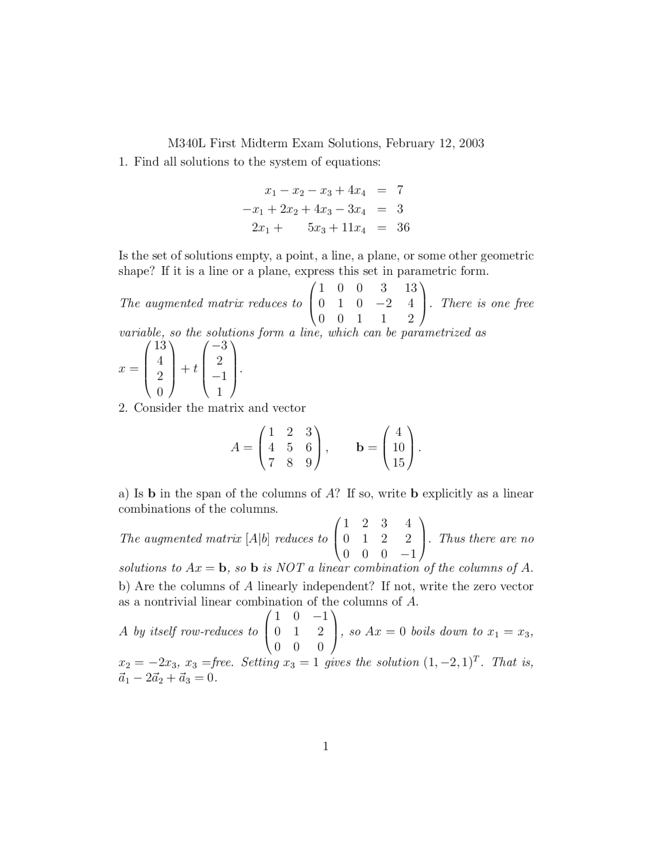 First Midterm Exam With Solutions Matrices And Matrix Calculus M