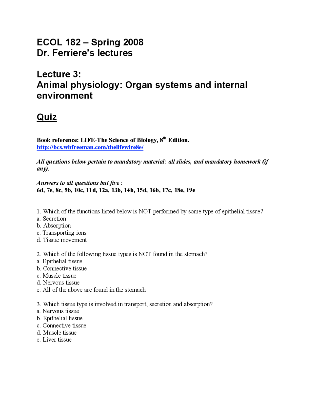 Animal Physiology: Organ Systems and Internal Environment | ECOL 182R ...