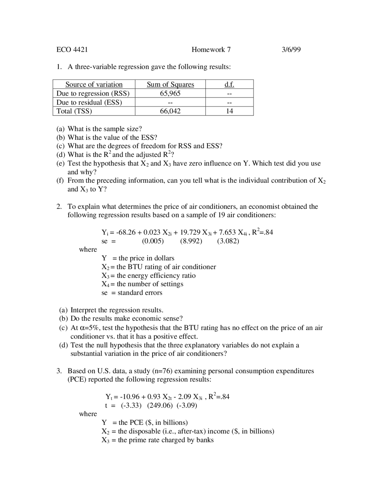 Homework 7 Problems Introduction To Econometrics Eco 4421 Docsity
