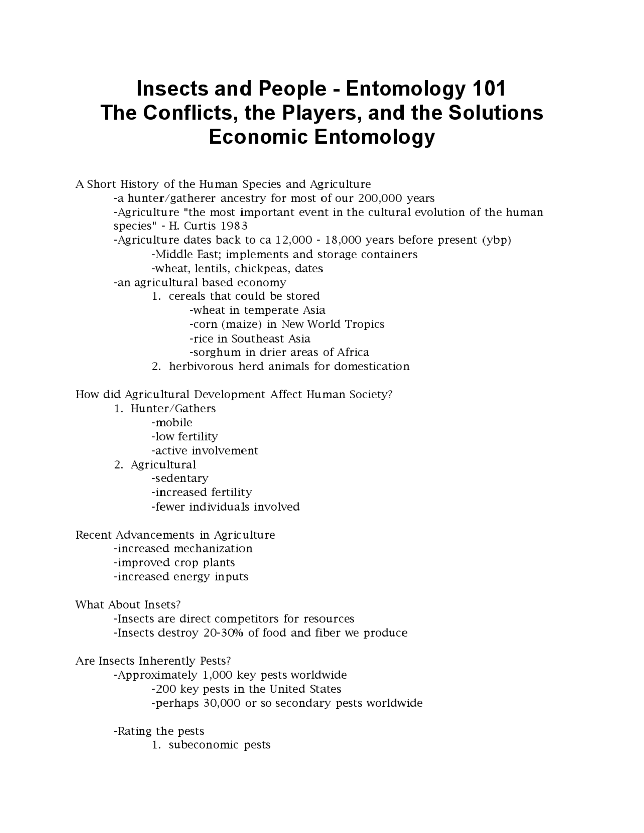 Lecture Notes On Insects And People Of Economics Entomology Entom 101