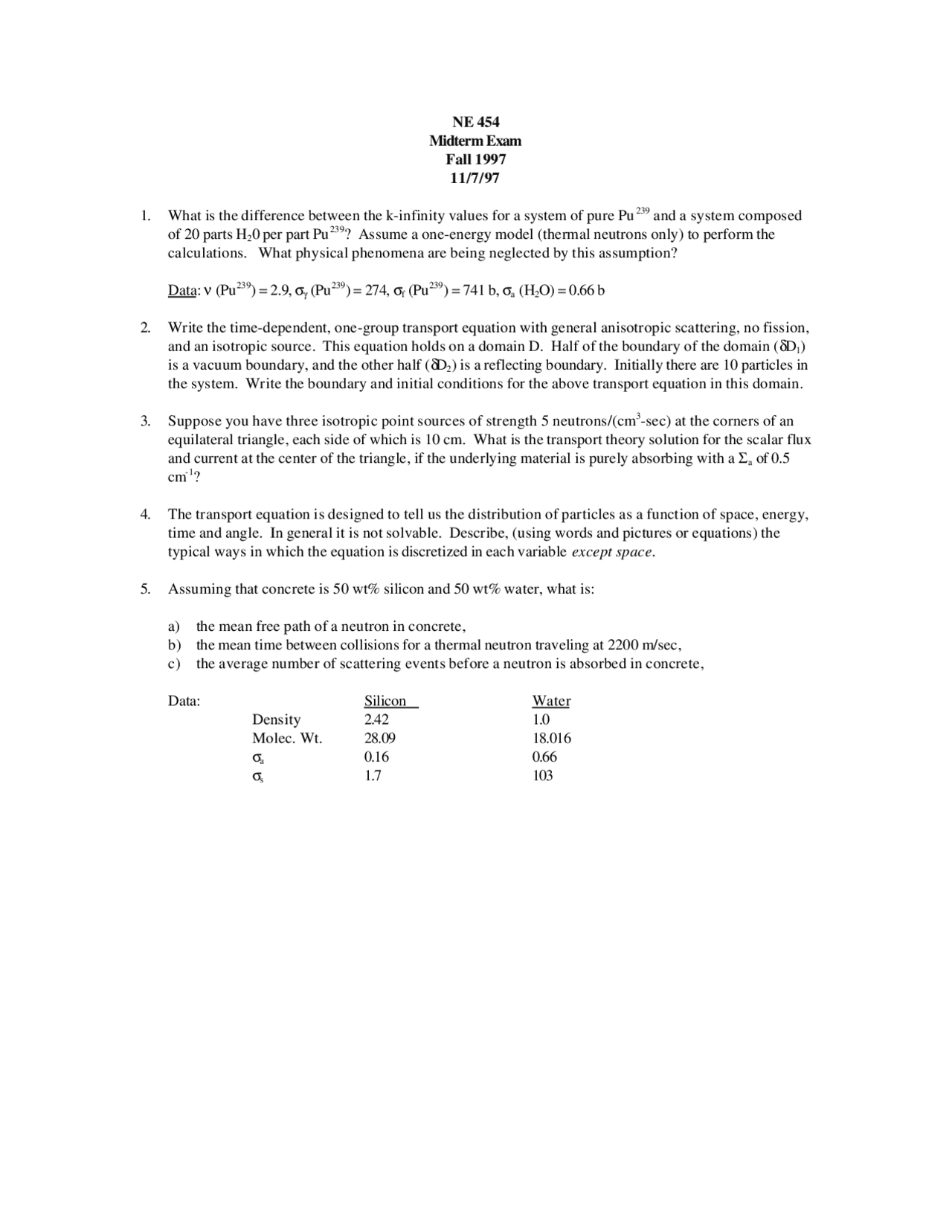 5 Questions Of Neutronic Analysis I Midterm Fall 1997 Ne 451 Docsity