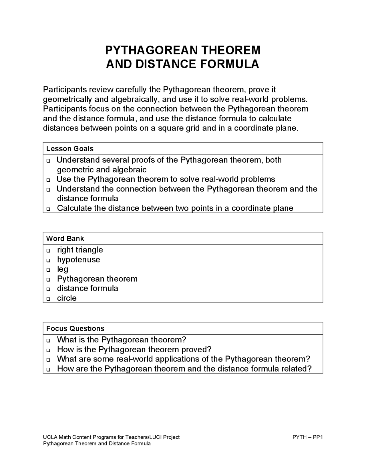 Pythagorean Theorem and Distance Formula - Project | MATH 0209A - Docsity