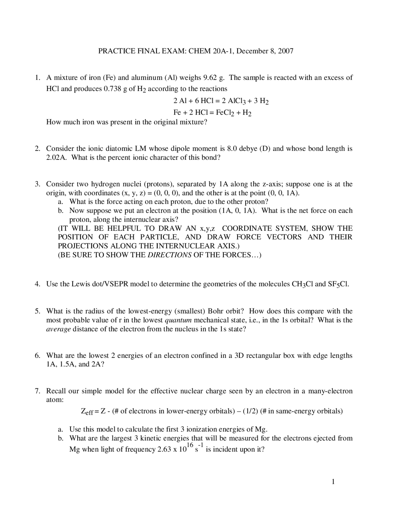 Chemical Structure Practice Final Exam Chem 20a Docsity