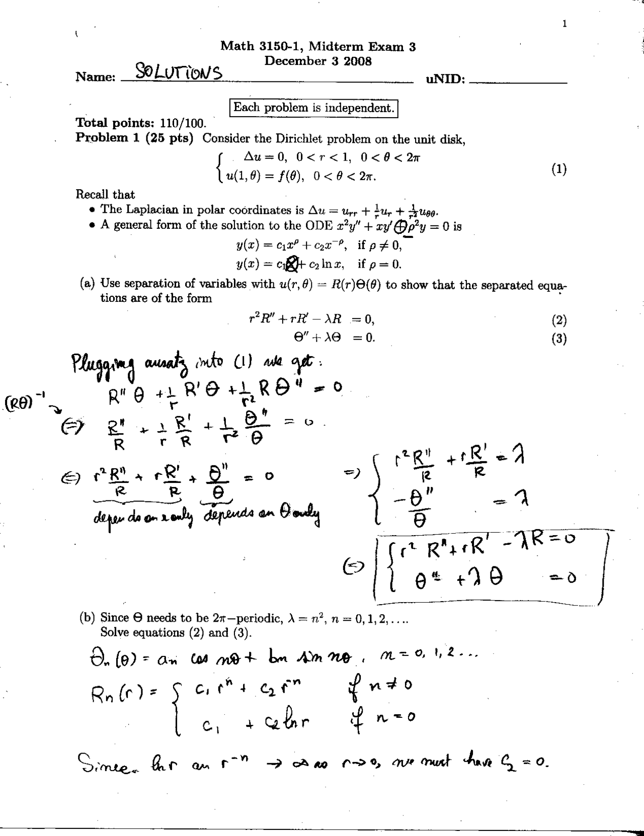 Solved Problems On Diriket Equations Exam 3 Math 3150 Docsity