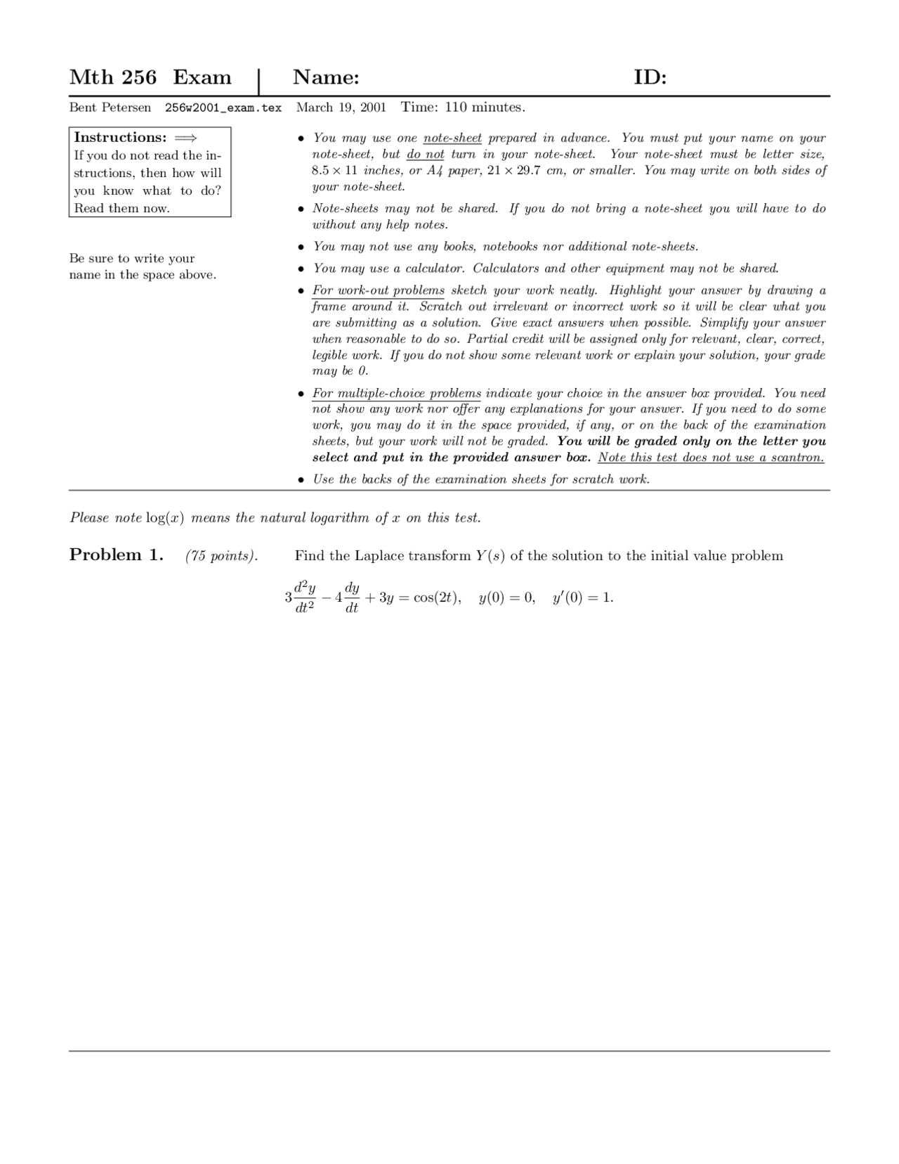 Mth 256 Exam: Laplace Transforms and Differential Equations | Papers ...