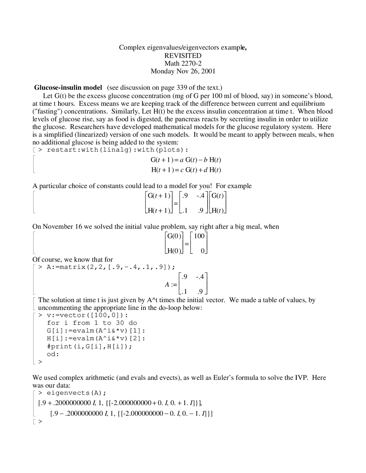 Glucose-Insulin Model: Complex Eigenvalues in Math 2270-2 - Prof. Nicholas Korevaar | Study ...