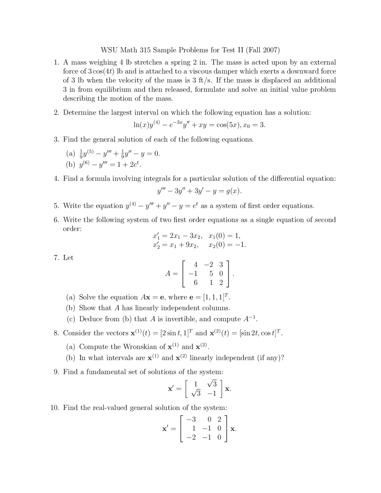 10 Questions Of Differential Equations Exam 2 Math 315 Docsity
