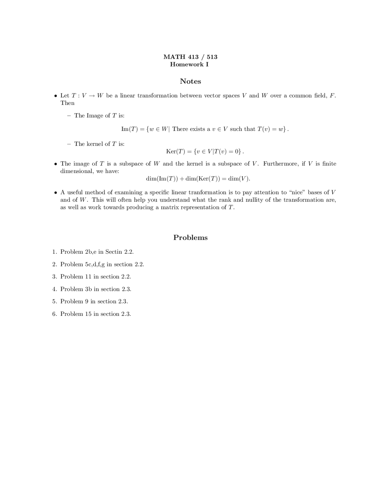 Problem Set One Linear Algebra Math 413 Docsity