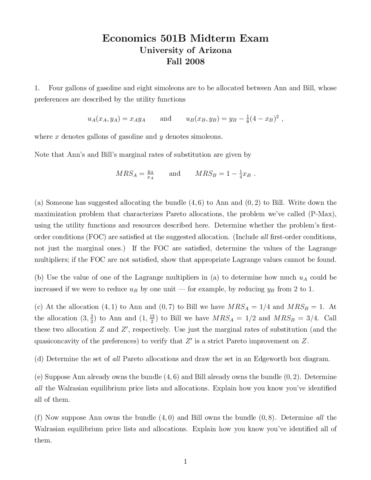 4 Questions Midterm Exam Microeconomic Theory Econ 501b Docsity