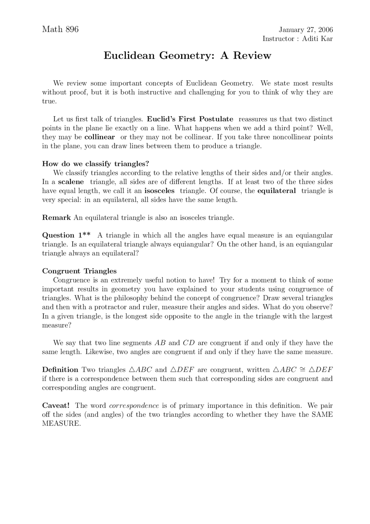 Euclidean Geometry A Review Seminar In Mathematics Math 896 Docsity
