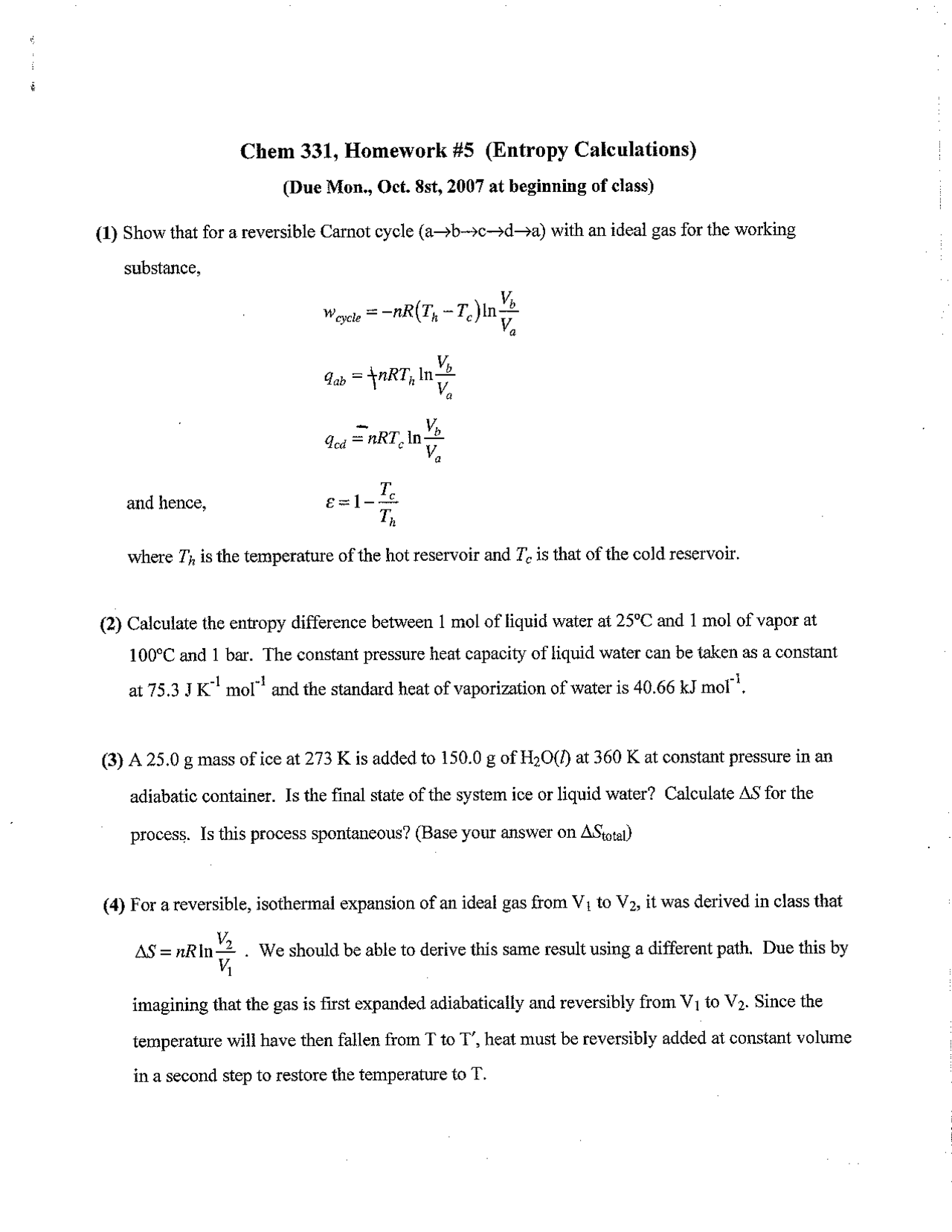 Questions For Assignment 5 Physical Chemistry Chem 331 Docsity