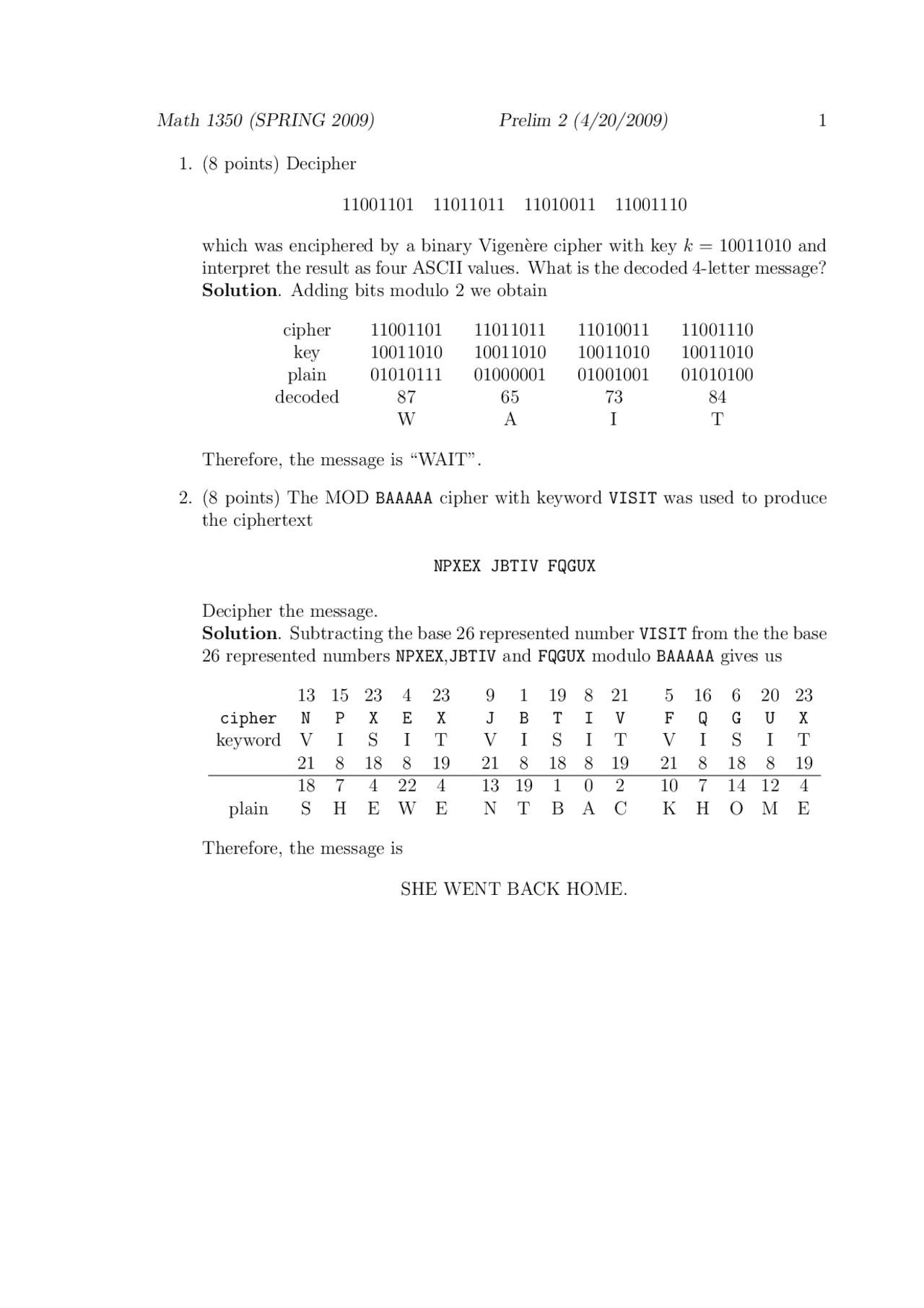 5 Solved Problems on Binary Vigenere Cipher - Exam 2 | MATH 1350 - Docsity